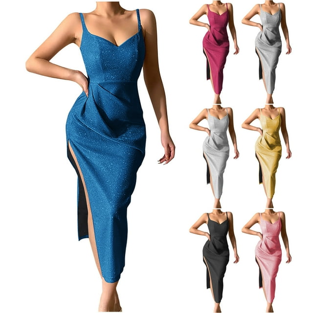 Axiiglly Women Prom Dress V Neck Spaghetti Straps Midi Dress Ruched ...