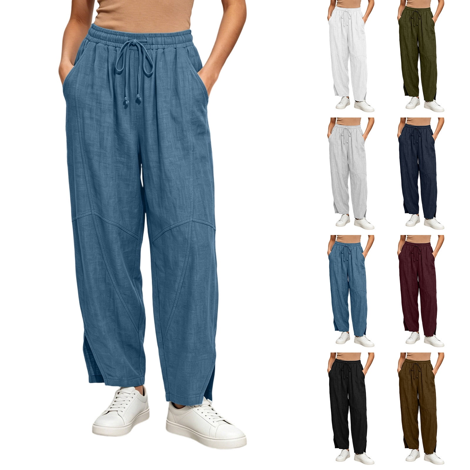 Axiiglly Women's Cotton Pants, Drawstring High Waist Work Pants with ...