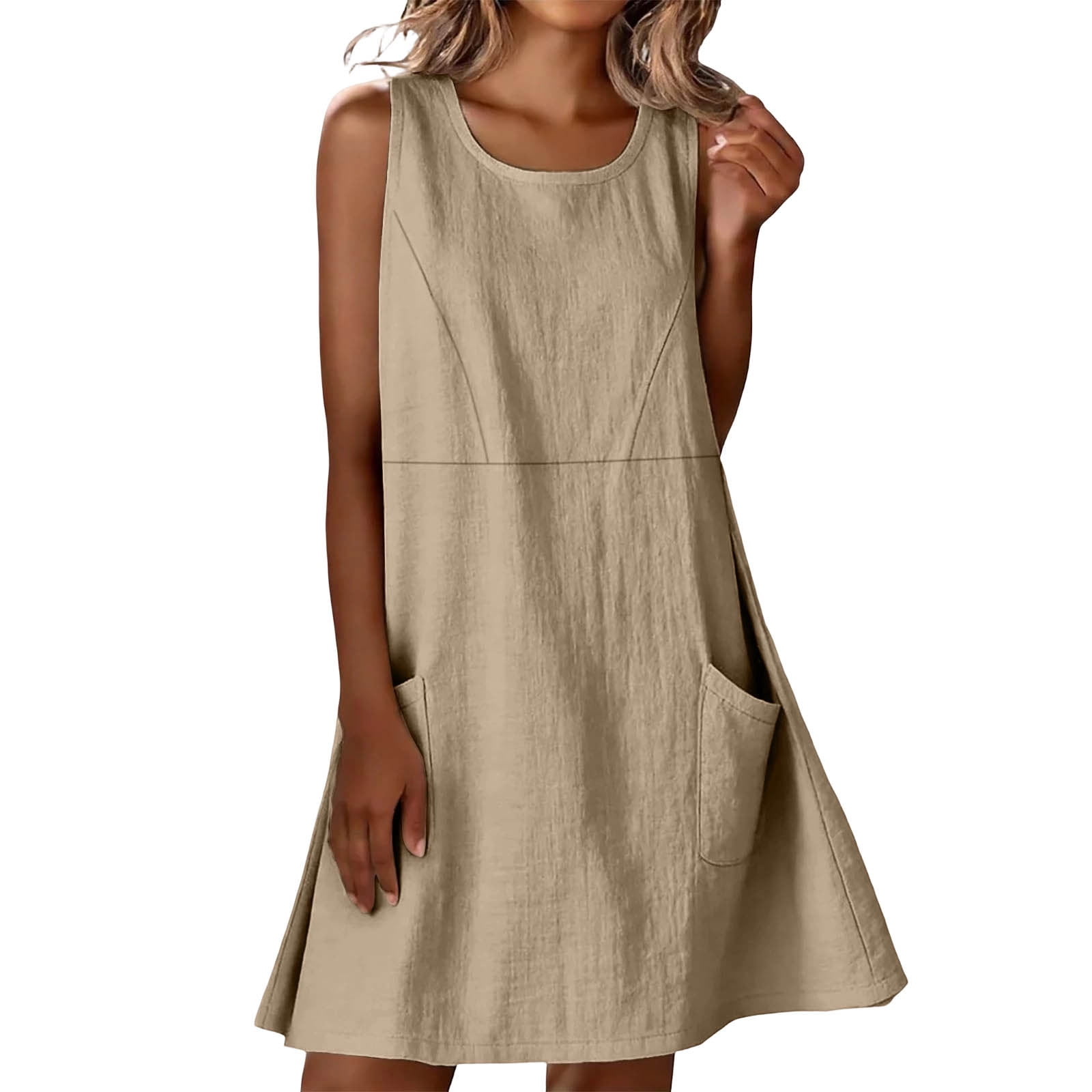 Axiiglly Women's Dresses Linen 2026 Summer Sleeveless Crew Neck Mid ...