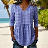 Axiiglly Womens 3/4 Sleeve Tops Plaid V Neck Relaxed Fit Summer Fashion ...