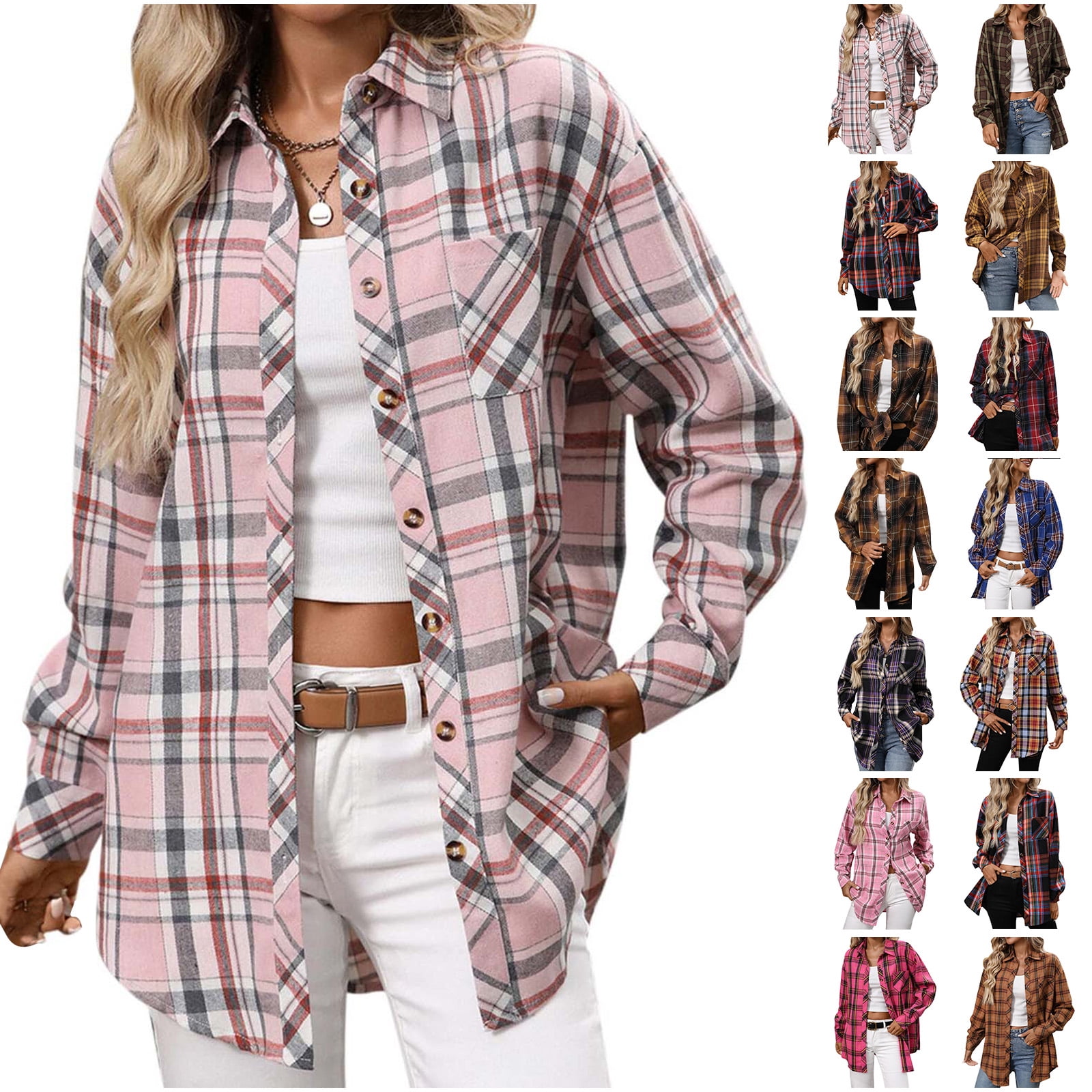 Horkkom Womens Flannel Shirts Long Sleeve Button Down Plaid Shirts Fall ...