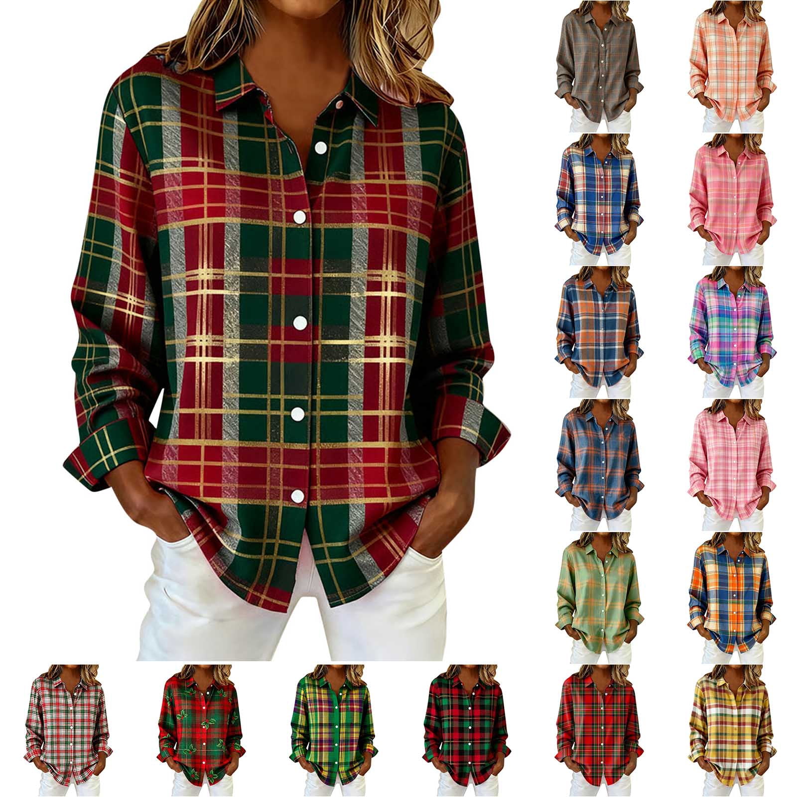 Axiiglly Womens Flannel Shirts Long Sleeve Plaid Print Button Down ...