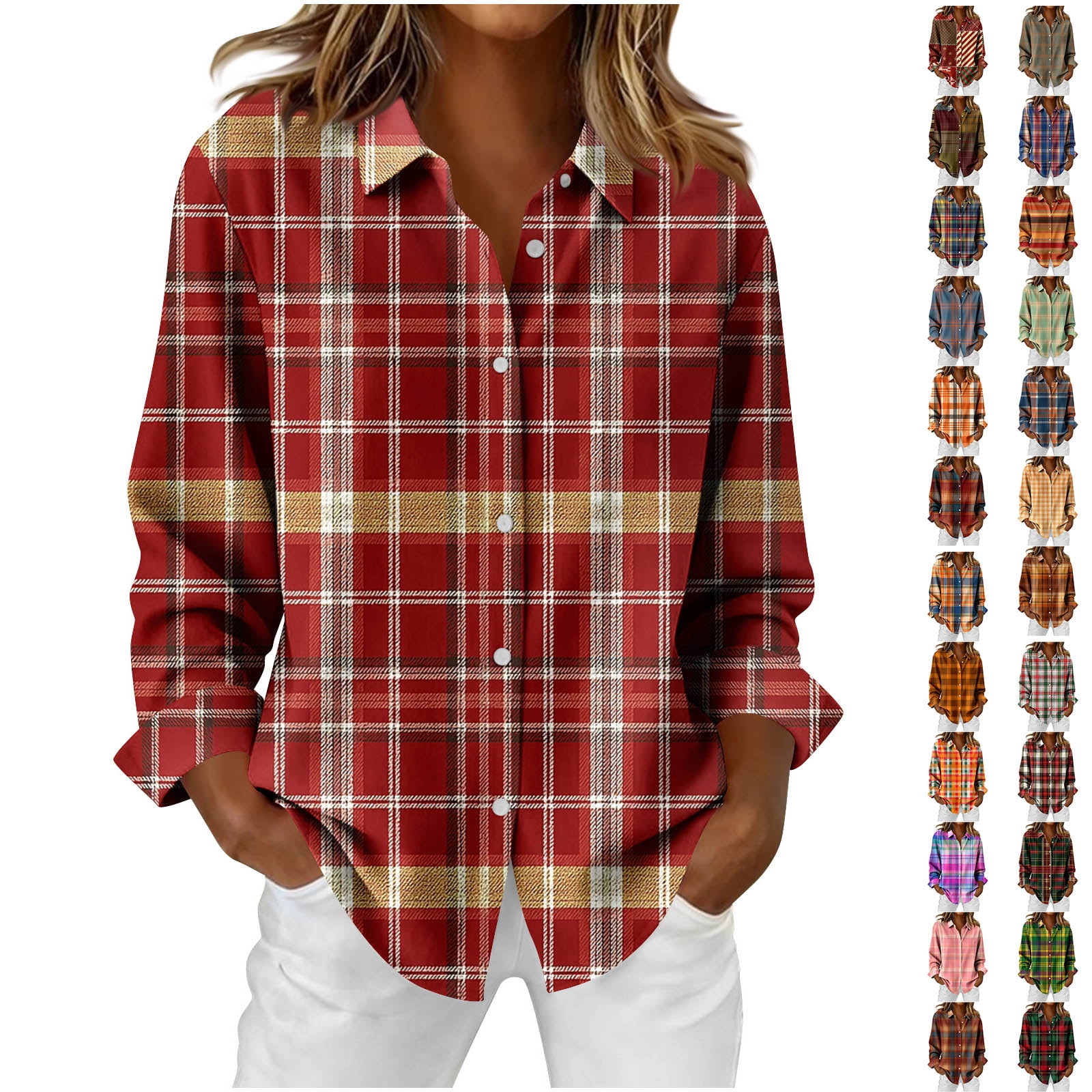 Horkkom Womens Flannel Shirts Long Sleeve Plaid Print Button Down ...
