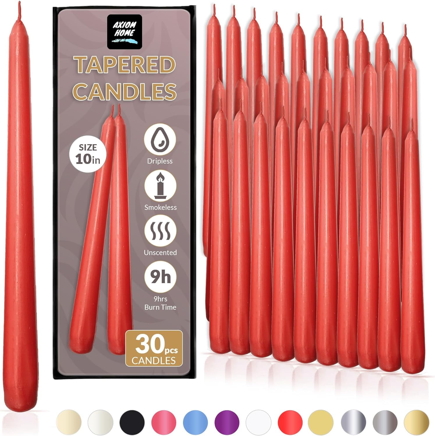 30 Count Red Taper Candles - 10 inch Dripless - Unscented Smokeless ...