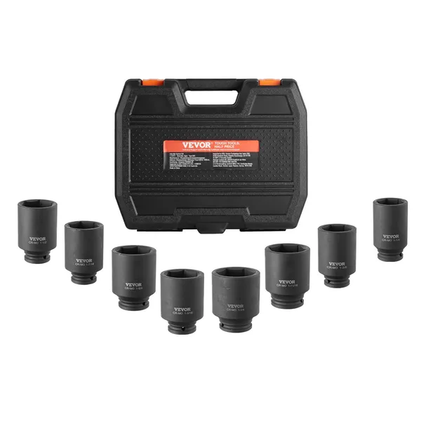 Axle Nut Impact Socket Set, 1/2" Drive Deep 6-Point 8-Piece SAE Spindle ...
