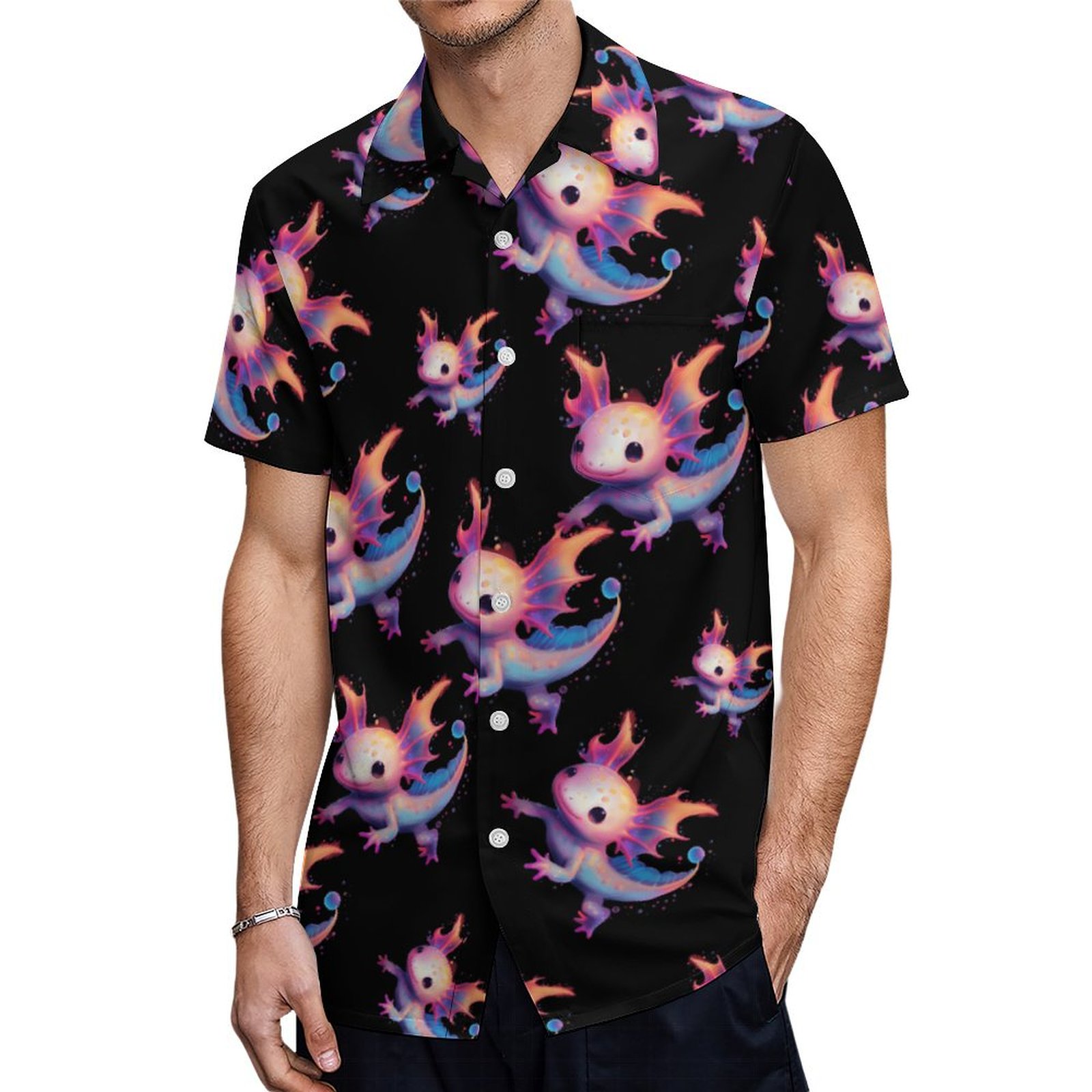Axolotl Angels Mens Hawaiian Shirts Printed Casual Short Sleeve Button ...