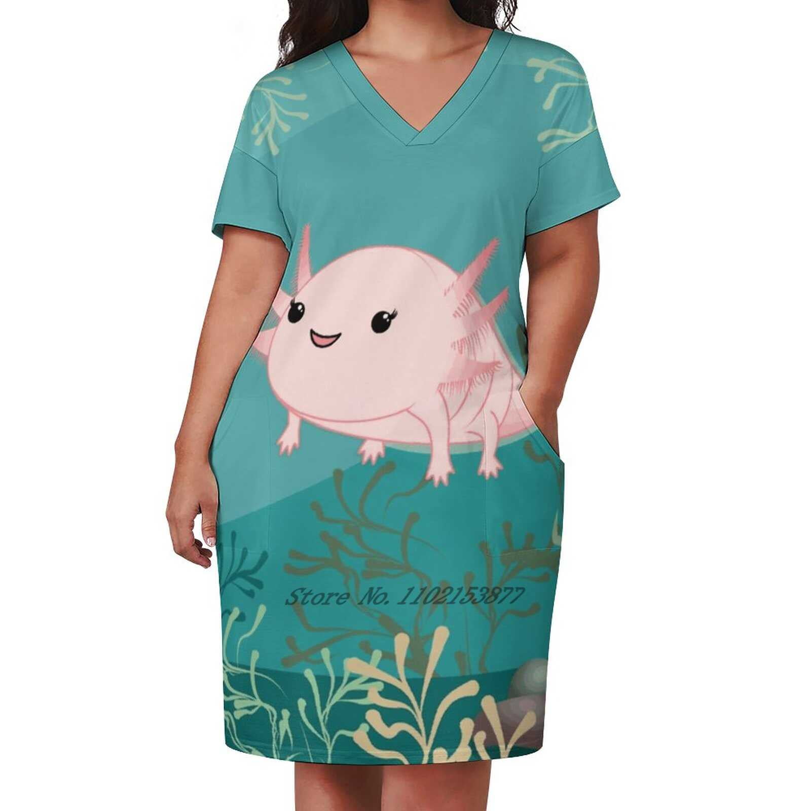 Axolotl Baby Kawaii Loose Pocket Dress Women'S Printed Dresses V Neck ...