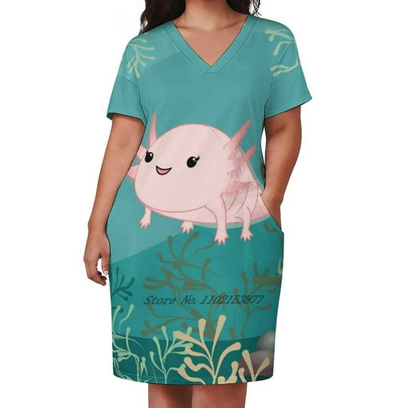 Axolotl Baby Kawaii Loose Pocket Dress Women'S Printed Dresses V Neck ...