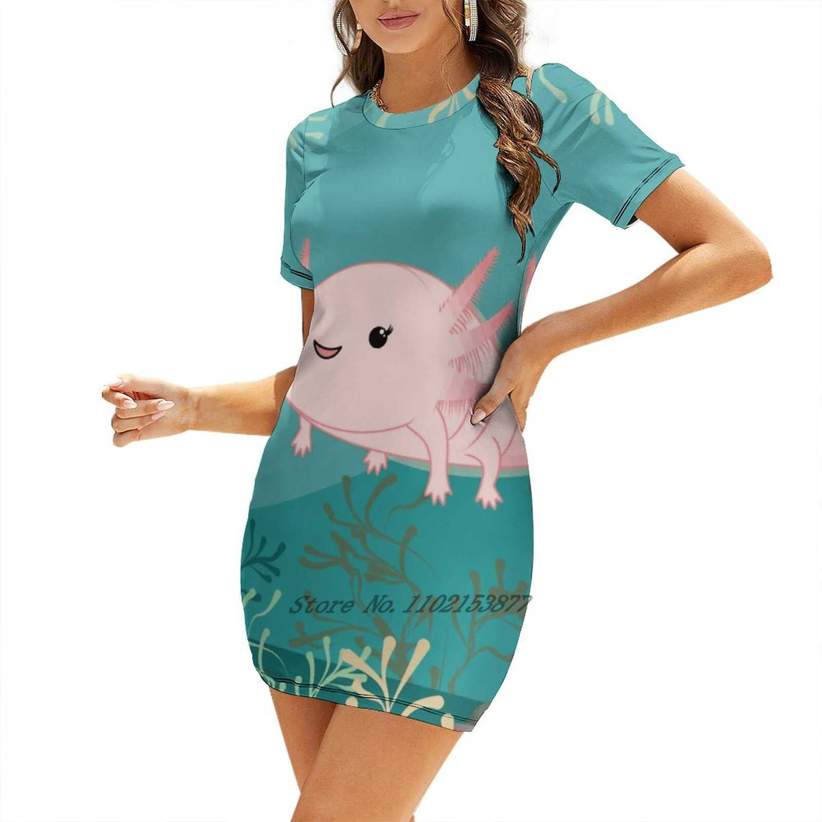 Axolotl Baby Kawaii Loose Pocket Dress Women'S Printed Dresses V Neck ...