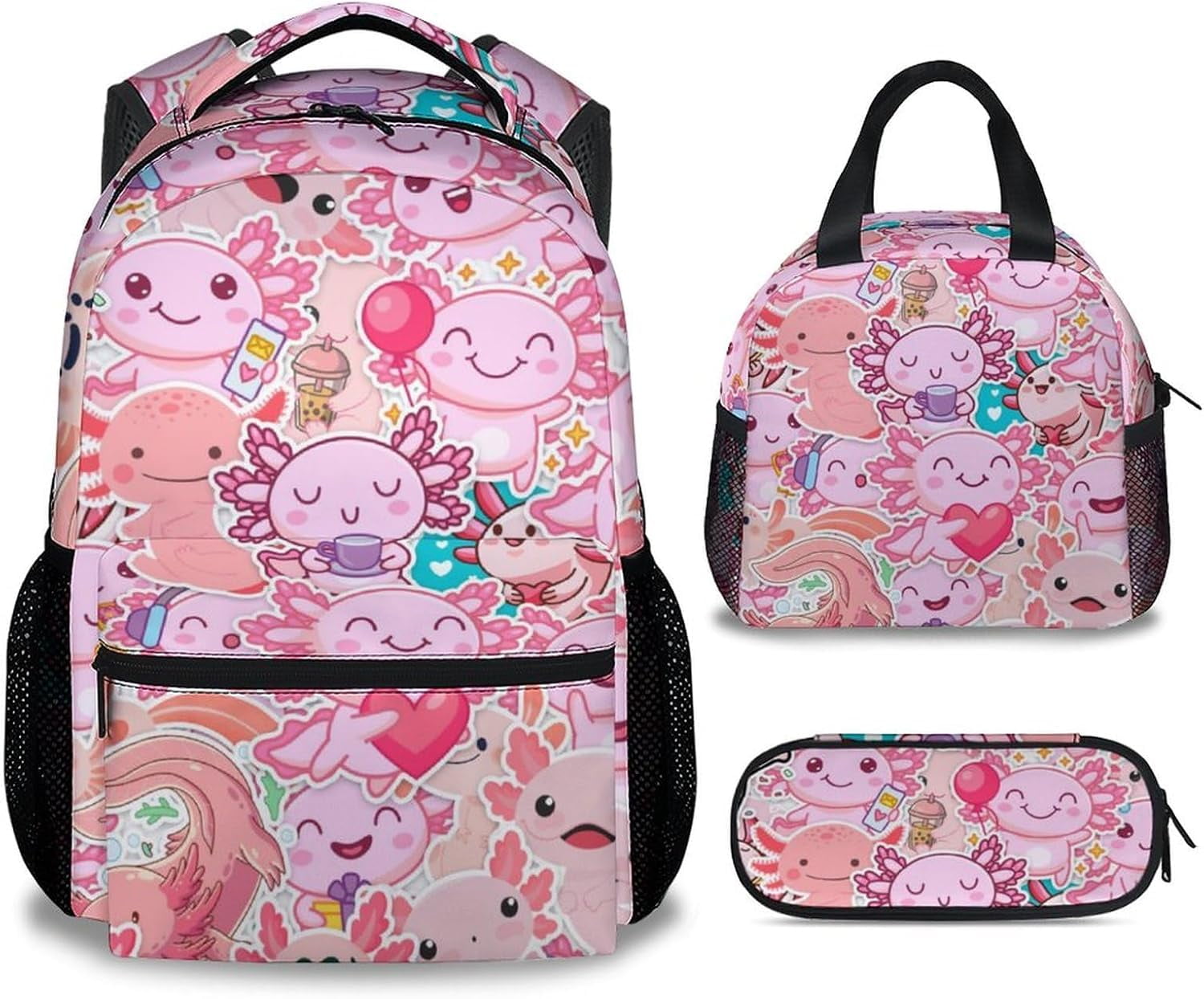 Axolotl Backpack with Lunch Box And Pencil Case, Set of 3 Cute Large ...