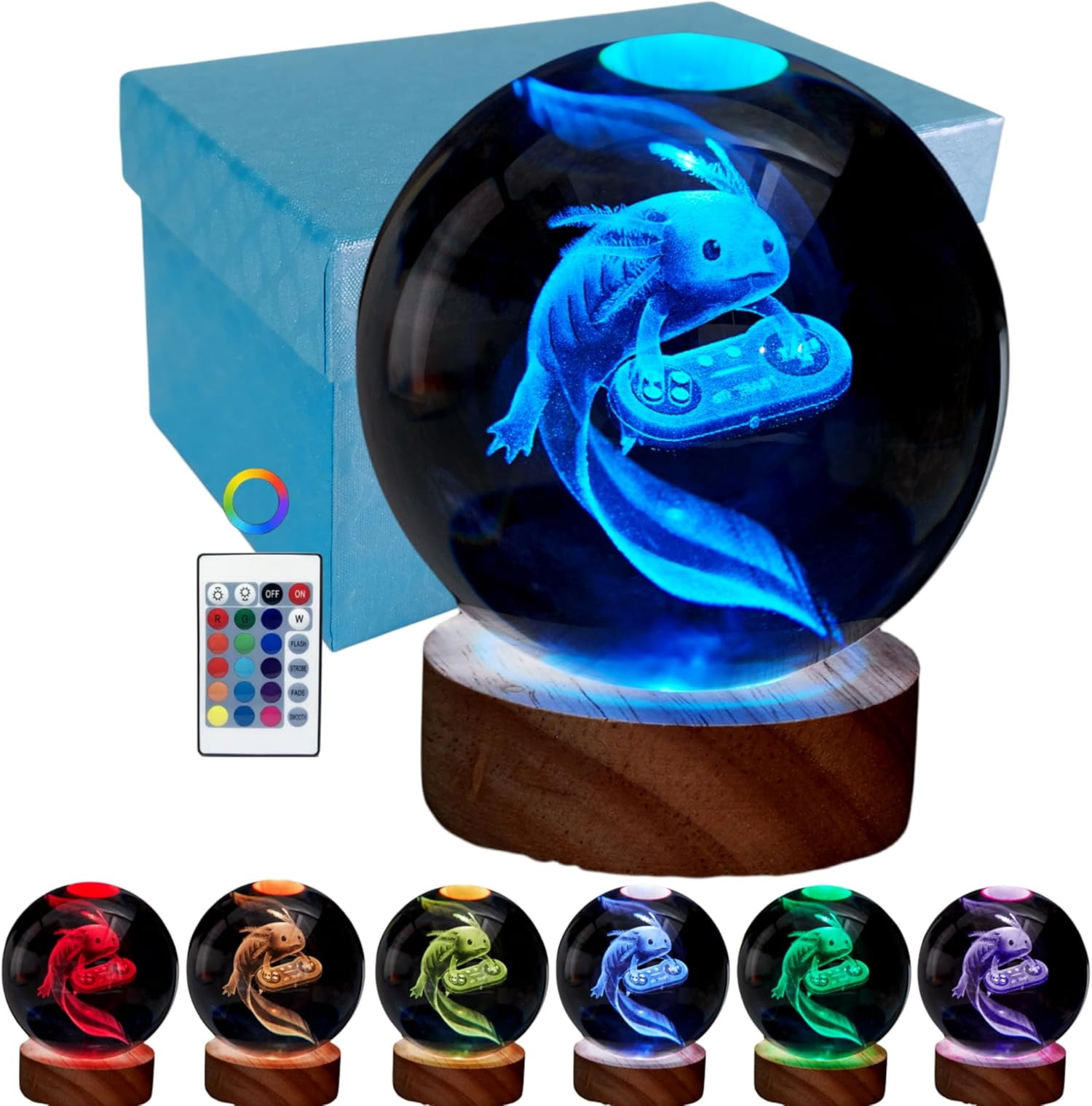 Axolotl Ball Night Light, 3.15 Inch Axolotl Lamp with Wooden Base, 16 ...