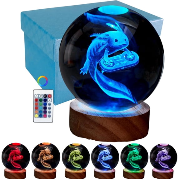 Axolotl Ball Night Light, 3.15 Inch Axolotl Lamp with Wooden Base, 16 ...