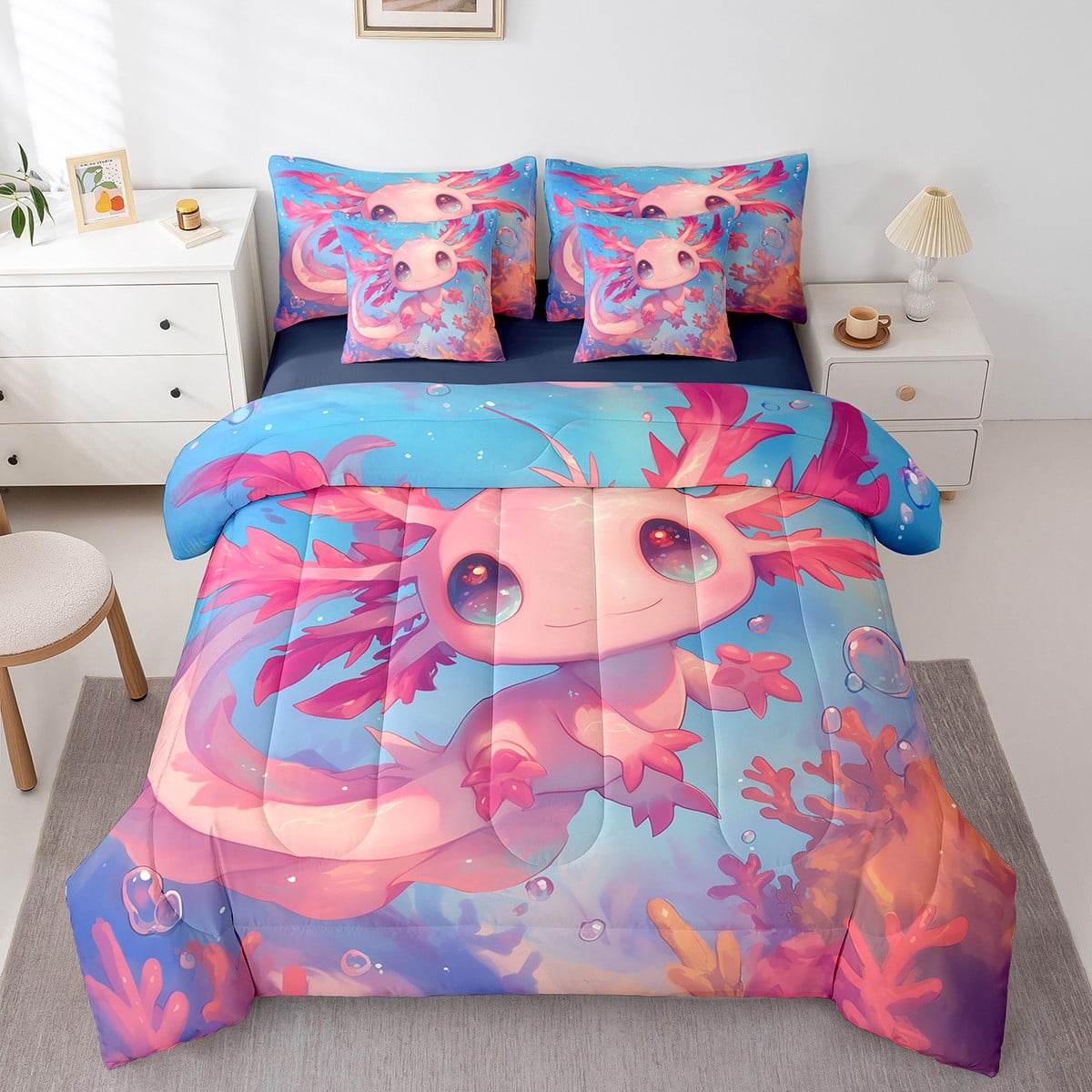 Axolotl Bed In A Bag 7 Pcs Pink Kawaii Axolotl King Comforter Sets,Cute ...