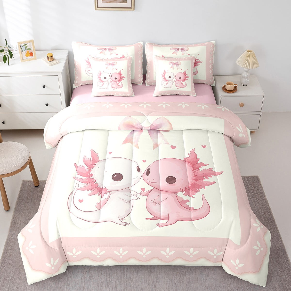 Axolotl Bed In A Bag 7 Pcs King Women,Pink Kawaii Axolotl Comforter ...