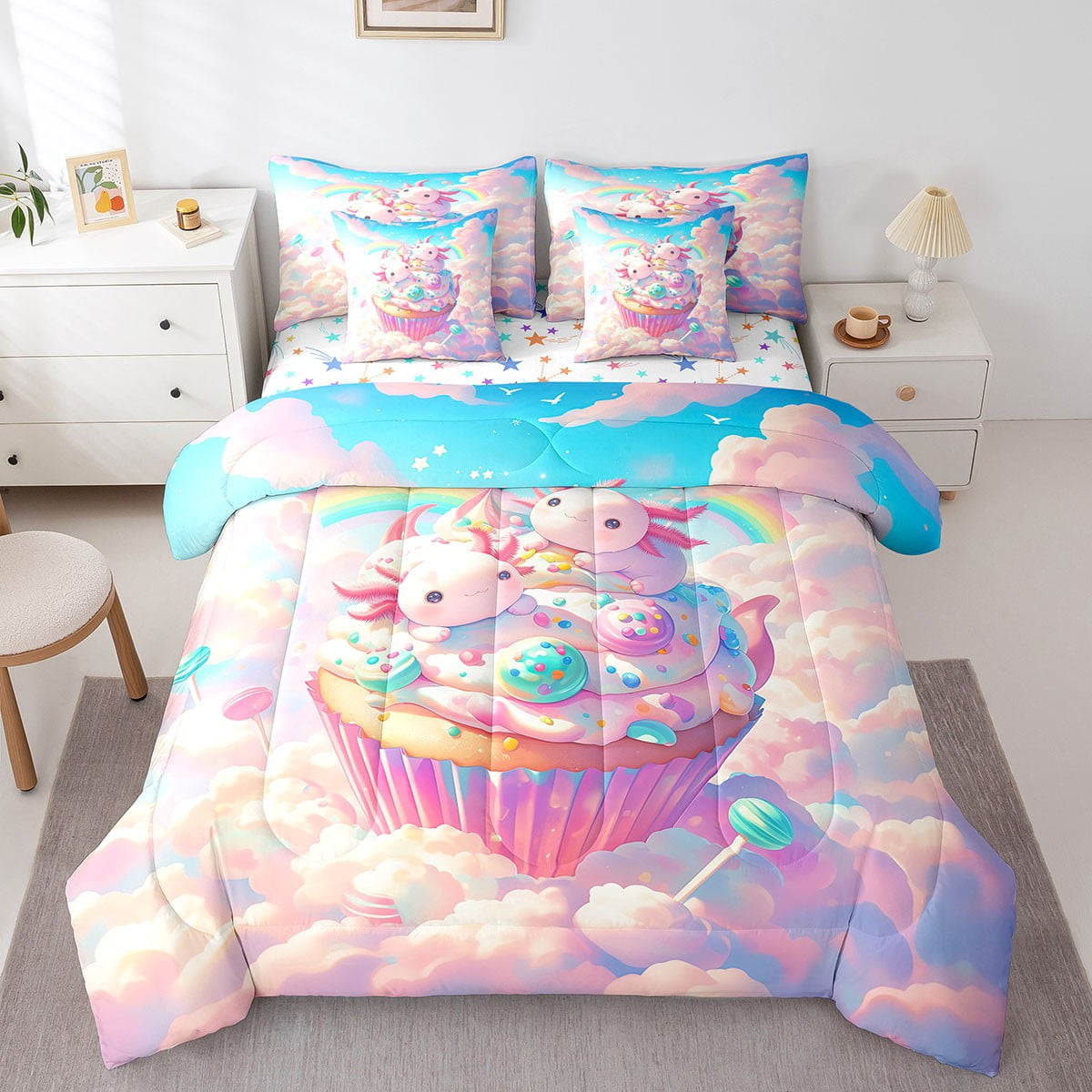 Axolotl Bed In A Bag 7-Piece Kawaii Candy Comforter Set,Pink Cake ...