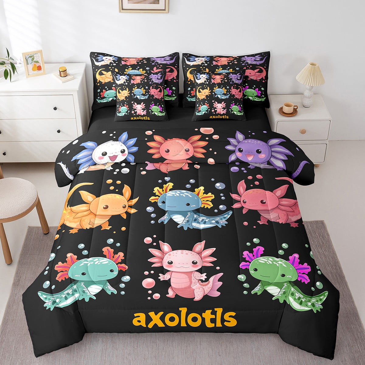 Axolotl Bed In A Bag Kawaii Salamander Queen Comforter Set 7 Pieces ...