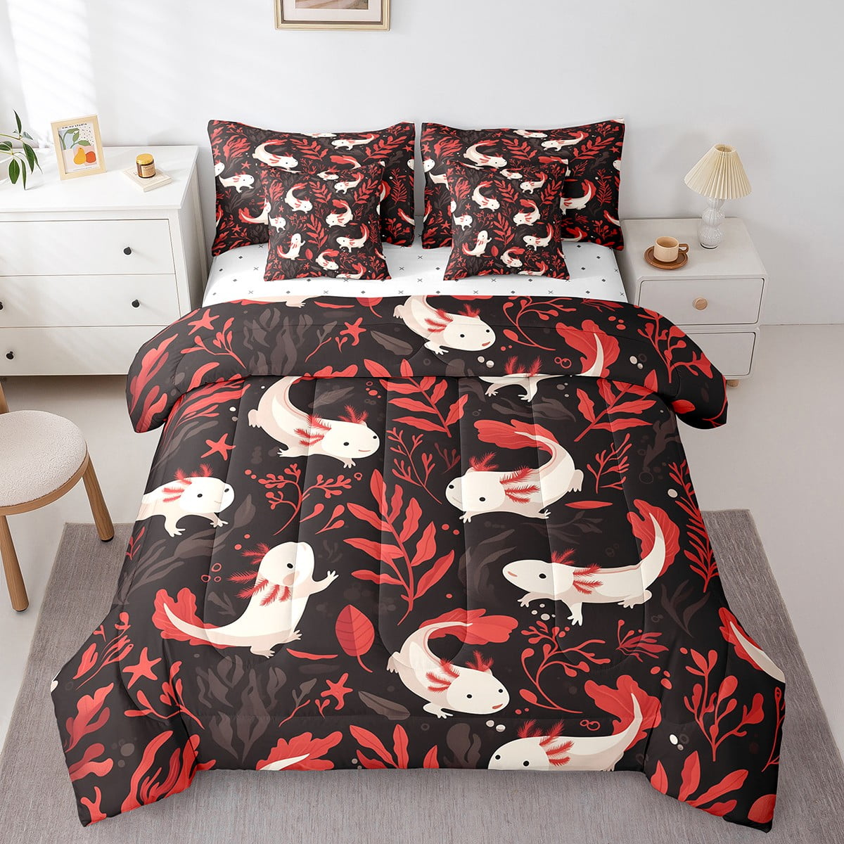 Axolotl Bed In A Bag With Sheets,Ocean Wildlife Axolotl Bedding Set,Red ...