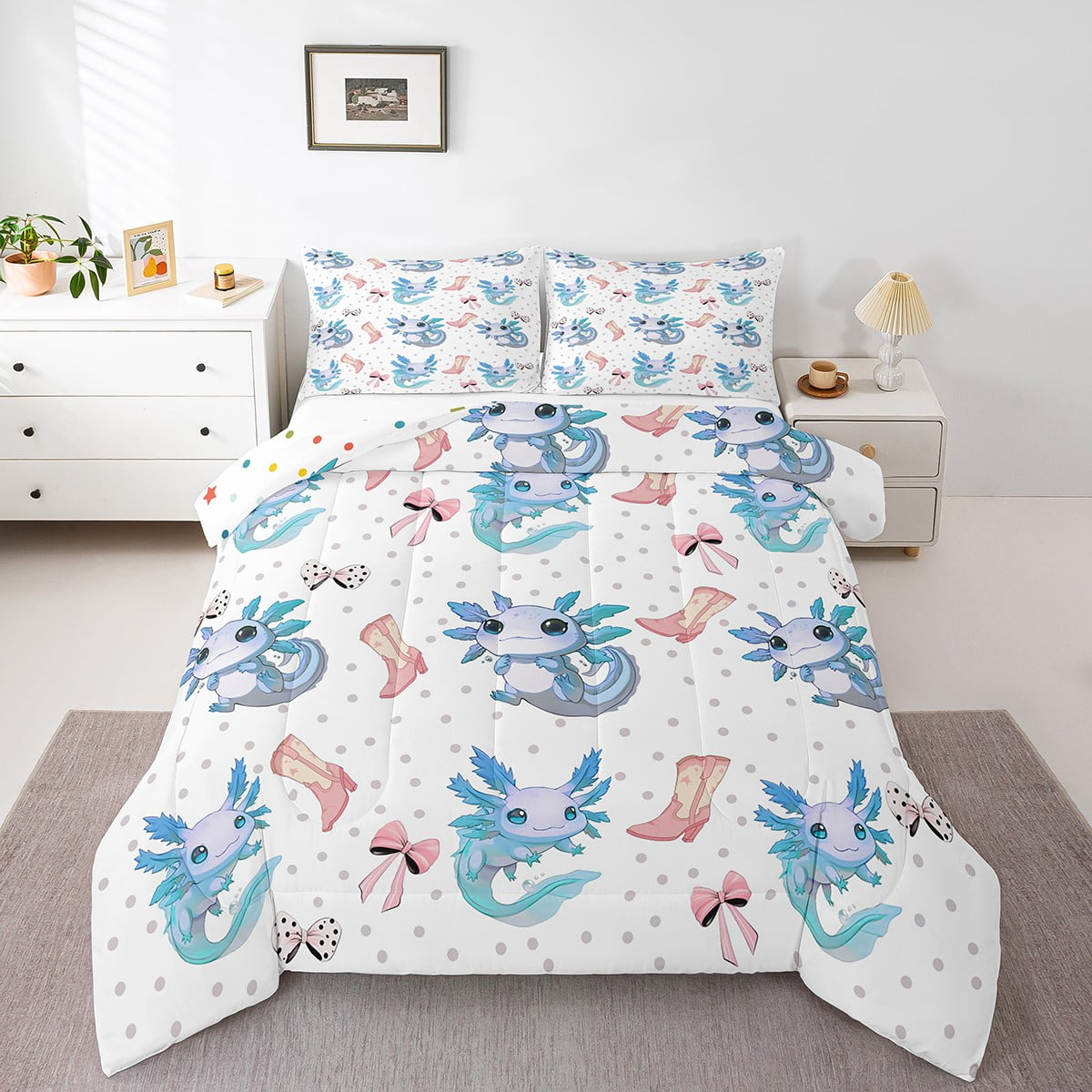 Axolotl Bedding King Size,Kawaii Axolotl Comforter Set,Cowboy Bowknot ...