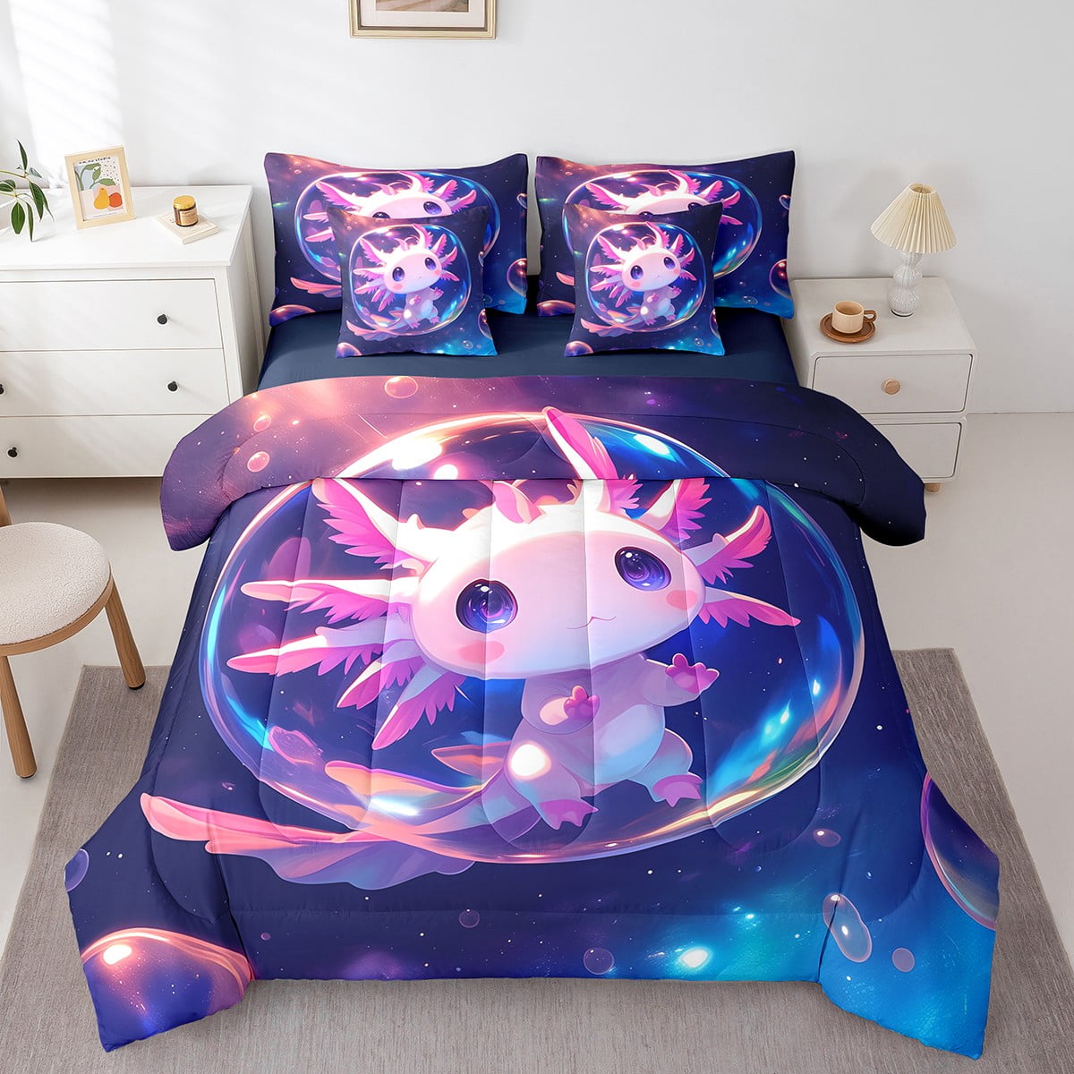 Axolotl Bedding Set Full,Cute Axolotl 7 Piece Comforter Sets Women ...