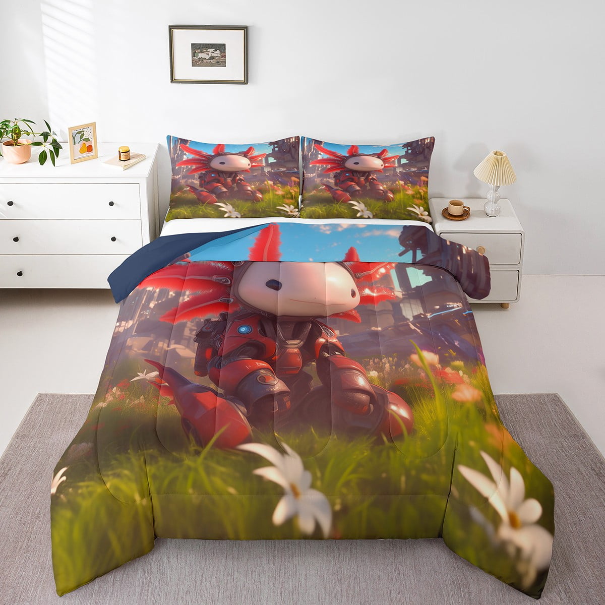 Axolotl Bedding Set,Robot Axolotl Queen Comforter Set Cartoon ...