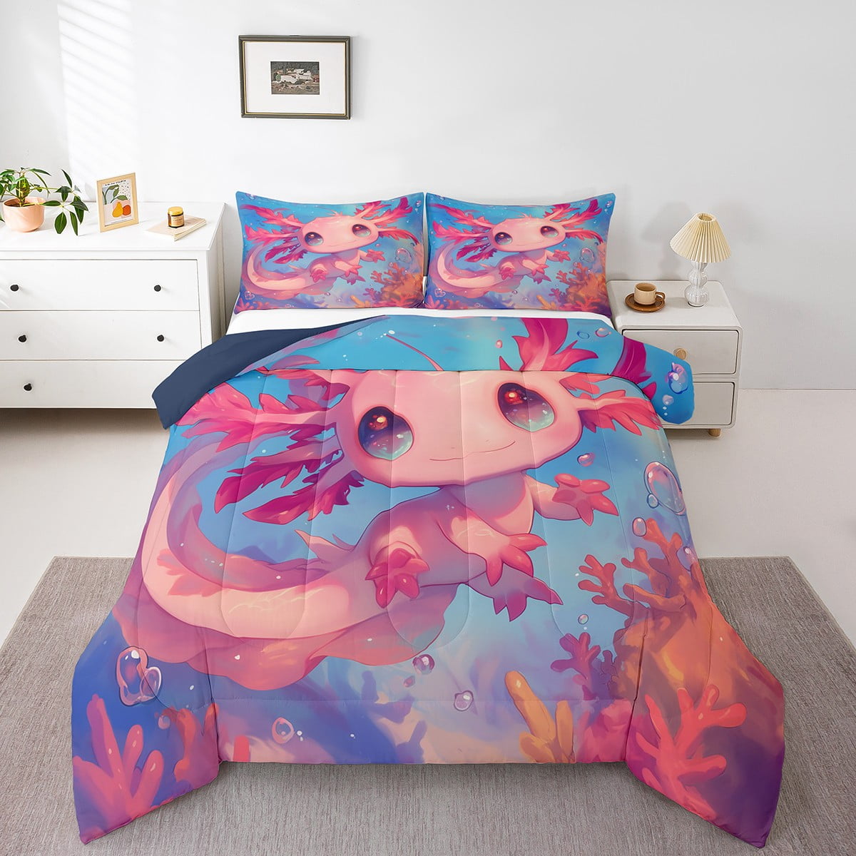 Axolotl Bedding Set Pink Kawaii Axolotl Queen Comforter Set,Cute ...