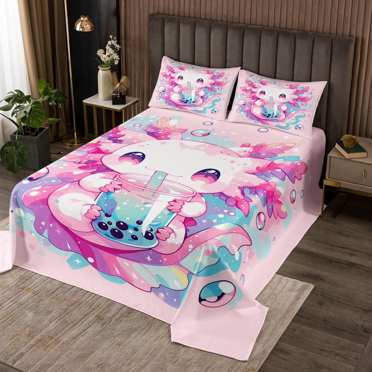 Axolotl Bedspread Set Cute Salamander Pattern Kawaii Coverlet Set Queen ...