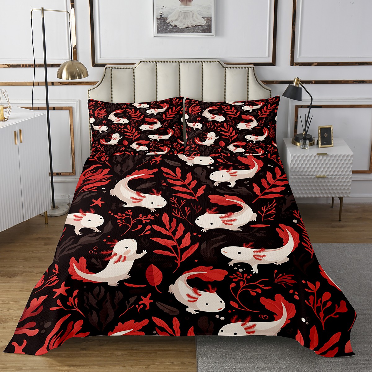 Axolotl Bedspread Set,Ocean Wildlife Axolotl Coverlet Set King Size,Red ...