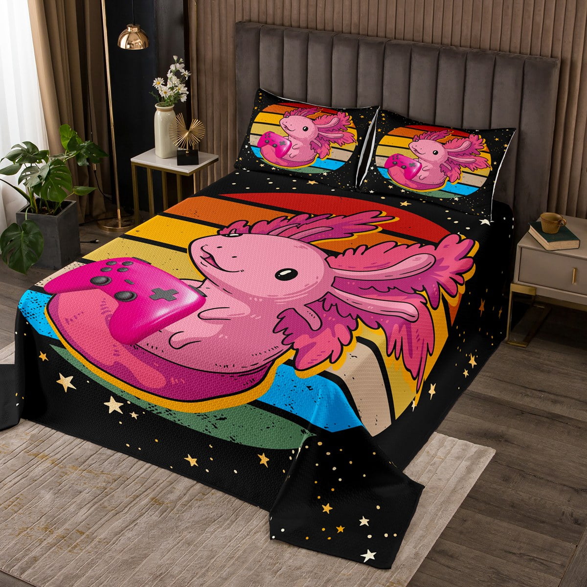 Axolotl Bedspread Set Kawaii Decor,Pink Gamepad Gaming Quilt Set Twin ...