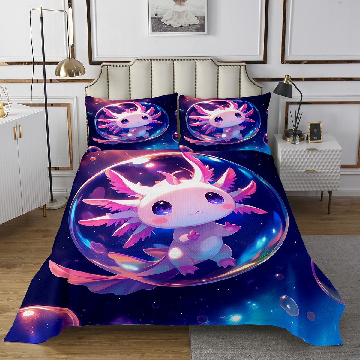 Axolotl Bedspread Set Queen,Cute Axolotl Quilt Set Women,Dreamy Starry ...