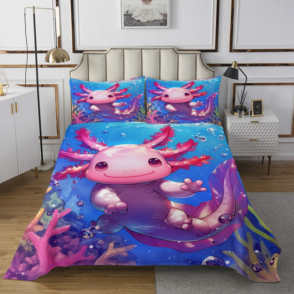 Axolotl Bedspread Set Queen,Pink Kawaii Axolotl Quilt Set Cute Cartoon ...