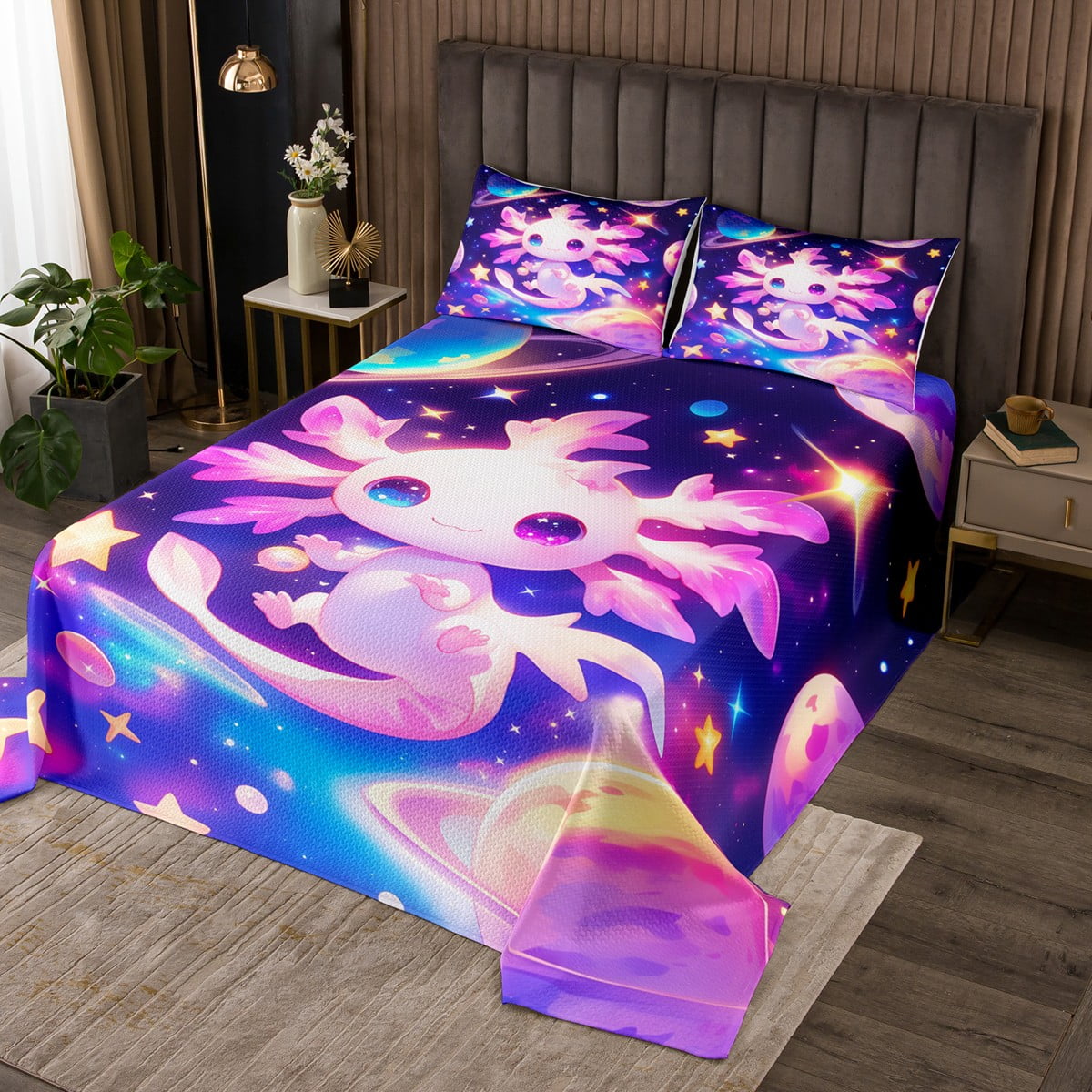 Axolotl Bedspread Set Queen Size,Galaxy Planet Space Coverlet Set ...