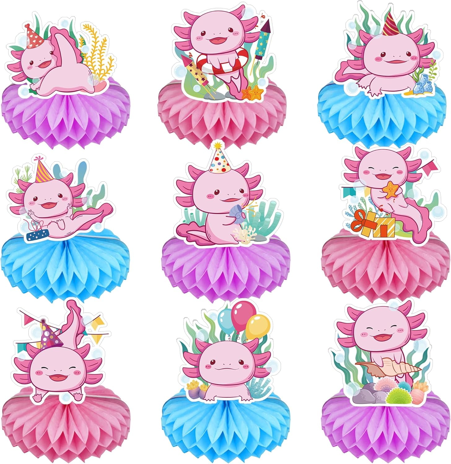 Axolotl Birthday Decorations Honeycomb Centerpieces - 9 Pcs Cute ...