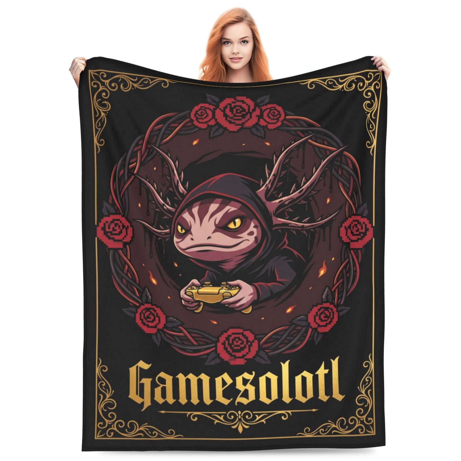 Axolotl Blanket Gift For Woman Man Gothic Rose Axolotl Gift For Gamer ...