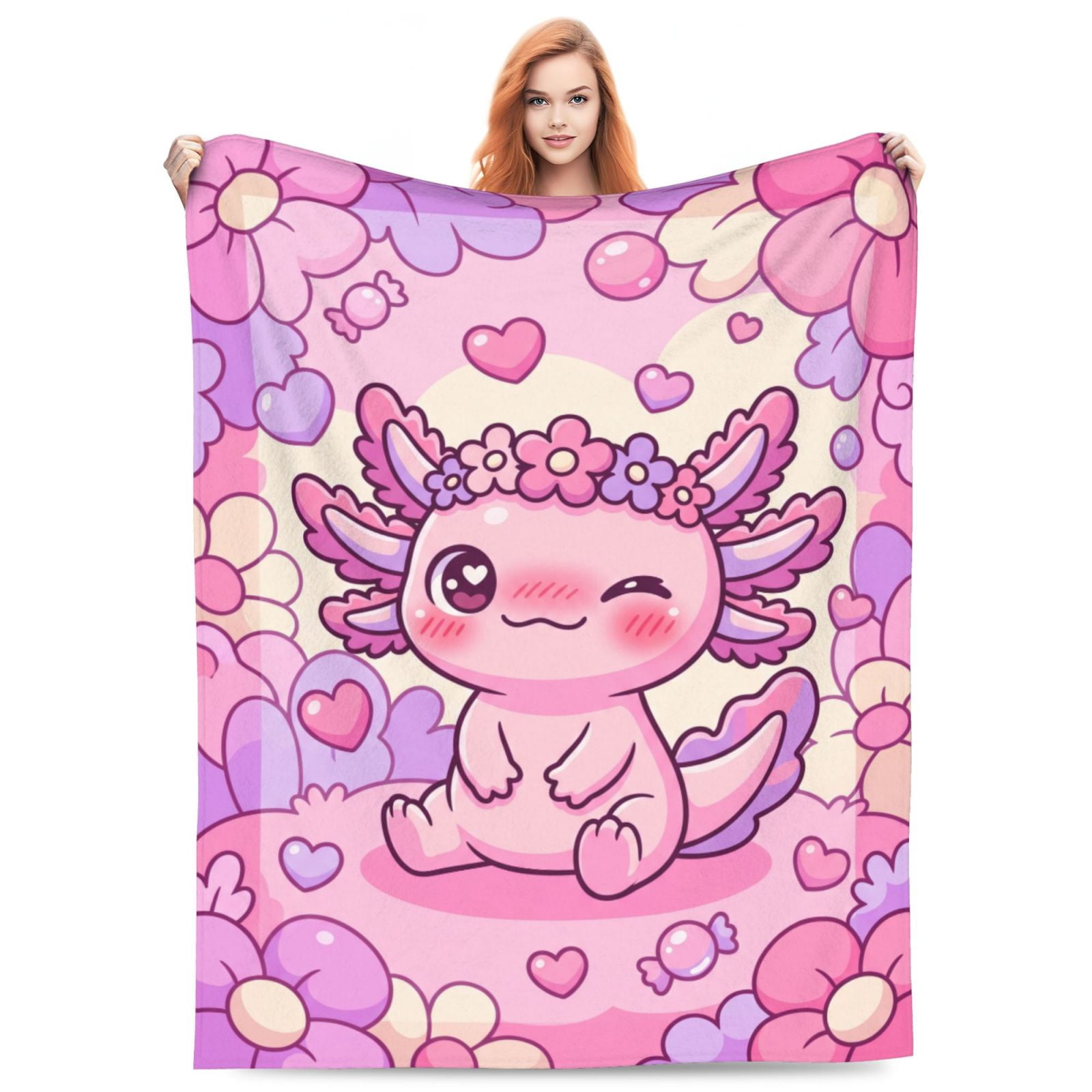 Axolotl Blanket Pink Cute Axolotl Salamander Flower Heart Throw Blanket ...