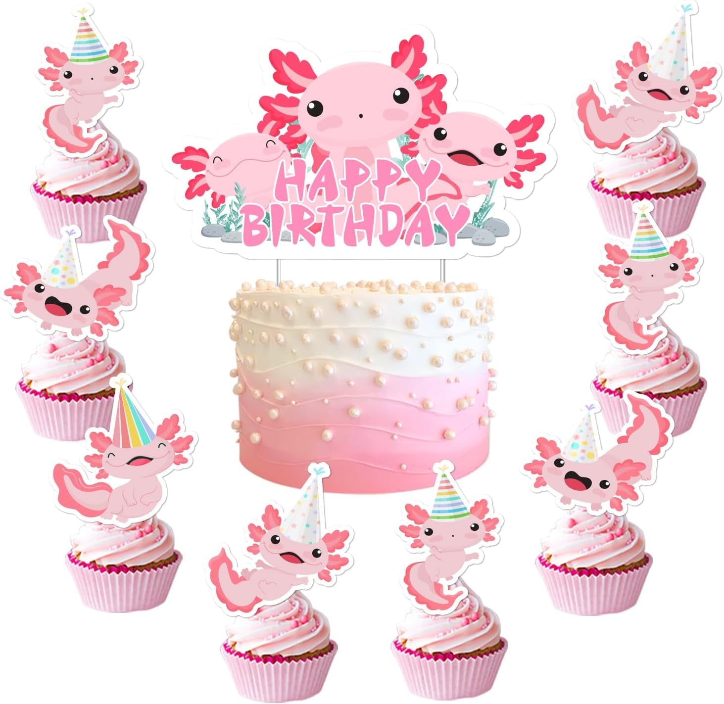 Axolotl Cake Toppers Pink Salamander Happy Birthday Cake Topper ...