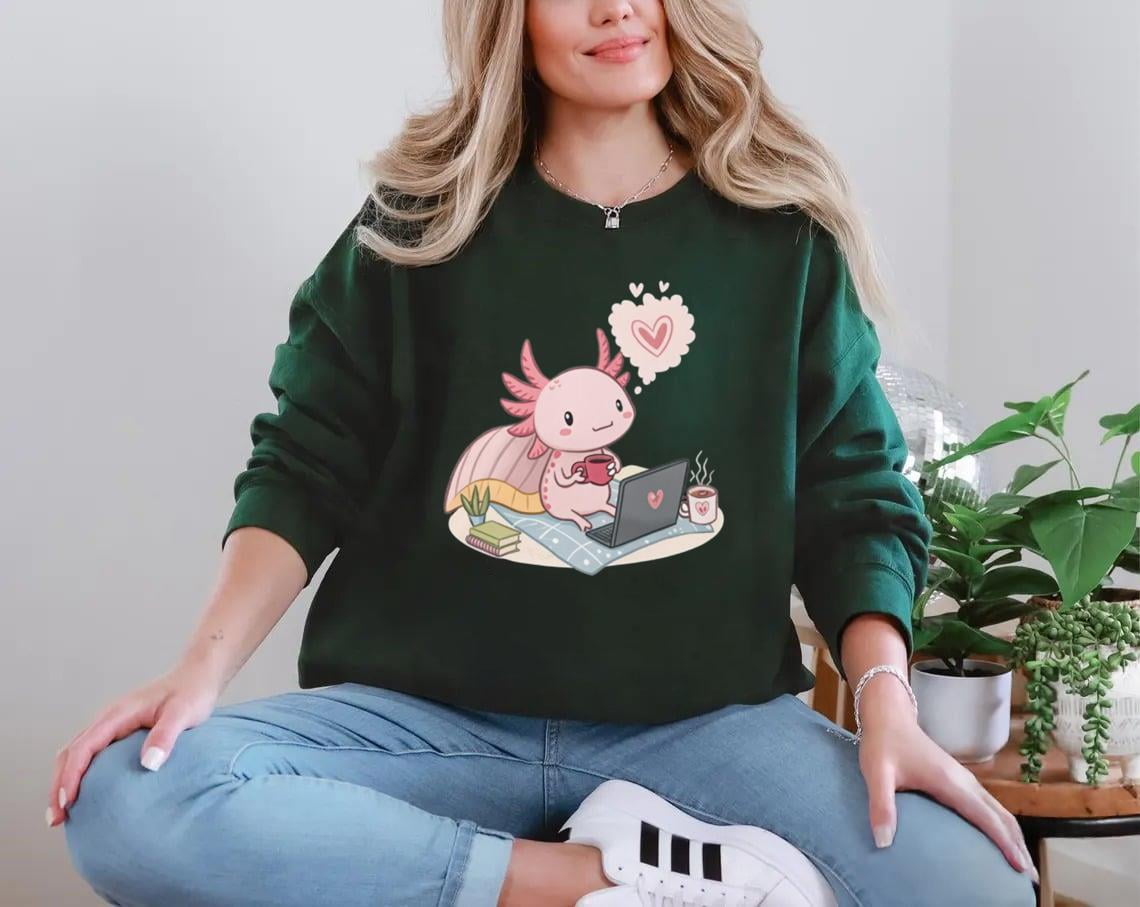 Axolotl Coffee Book Sweatshirt for Chill Cozy Moments, for men & women ...