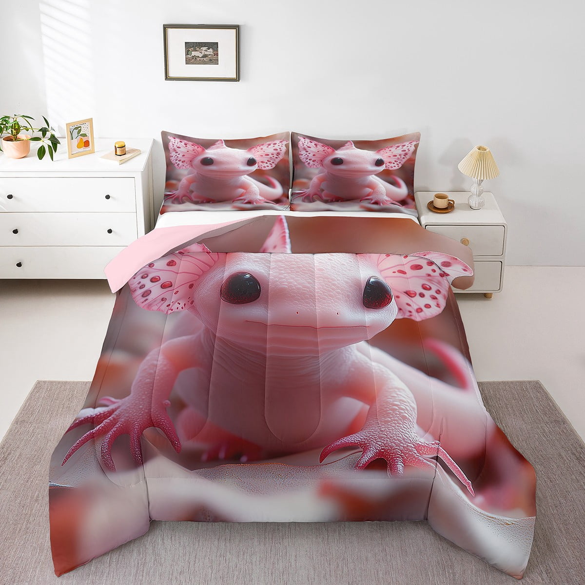 Axolotl Comforter Set Twin Size,Cute Pink Axolotl Bedding Set Cartoon ...