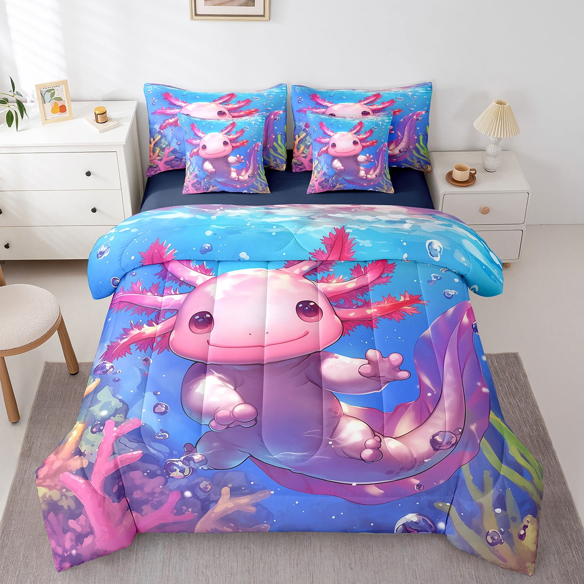 Axolotl Comforter Sets Twin,Pink Kawaii Axolotl Bed In A Bag 7 Pcs Cute ...