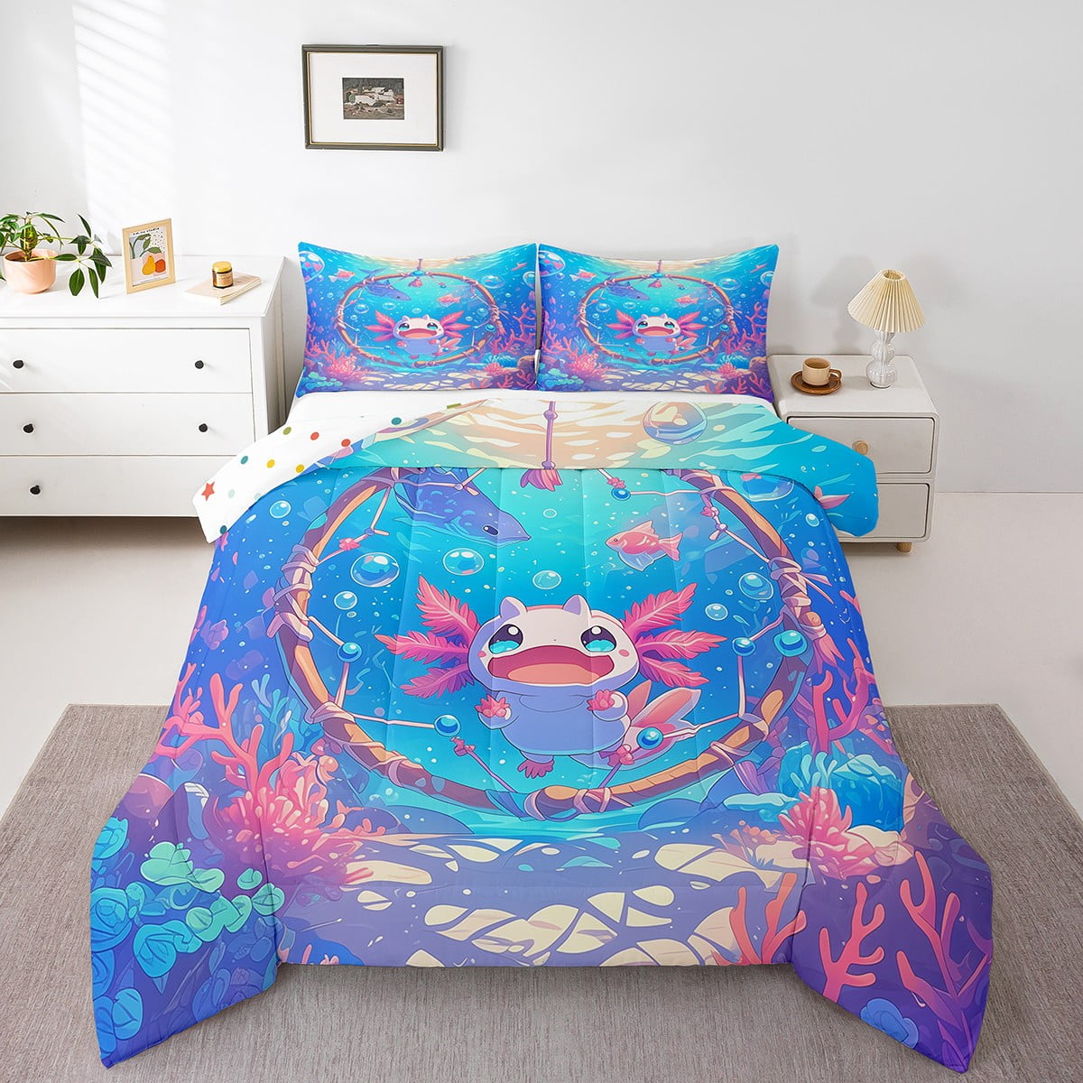 Axolotl Comforter Set Dreamcatcher Quilt Bed Set,Blue Ocean Fish ...