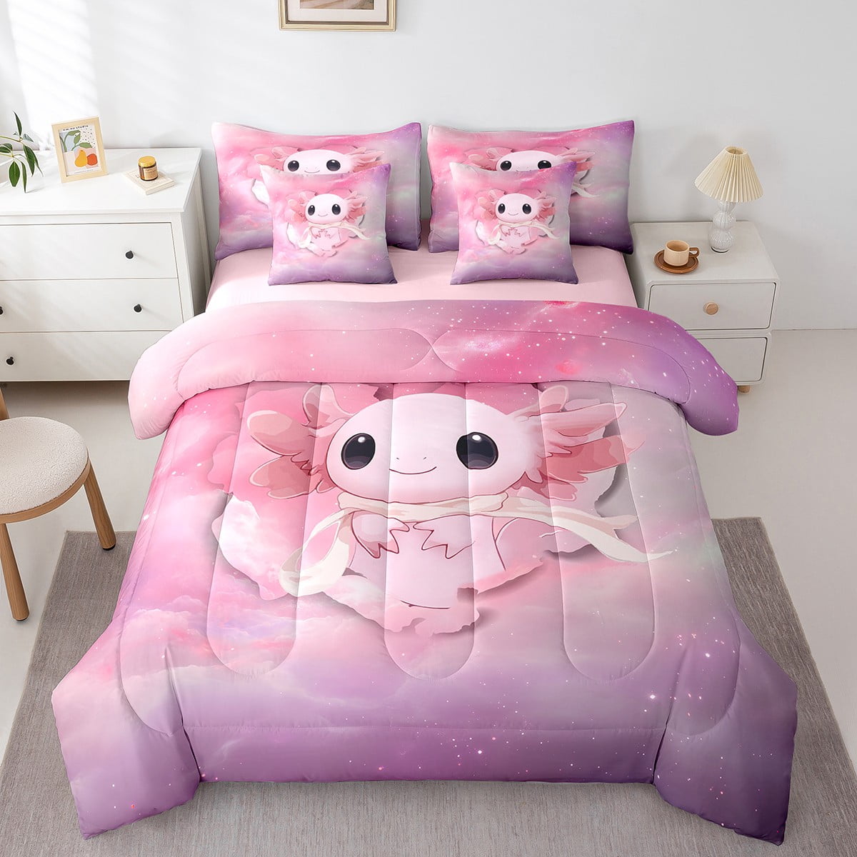Axolotl Full Bed In A Bag Cute Cartoon Axolotl Comforter Sets,Pink ...