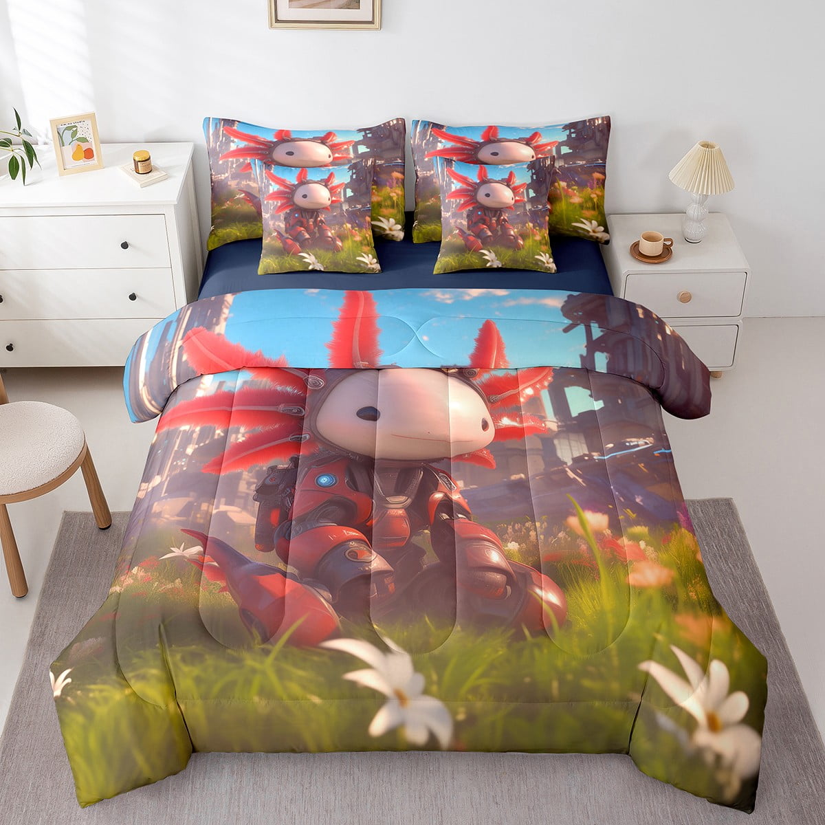 Axolotl Full Size 7 Piece Comforter Sets,Robot Axolotl Bedding Set ...