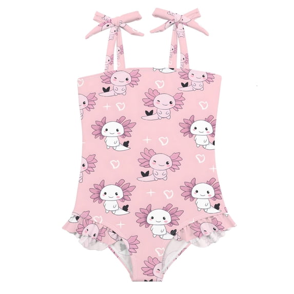 Axolotl Heart Pattern Girls' One-Piece Swimsuit Bowknot Tie Shoulder ...