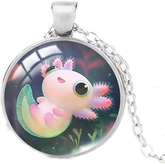 Axolotl Necklace Silver Dome Pendant Chain with 3D Glass Gem and Cute ...