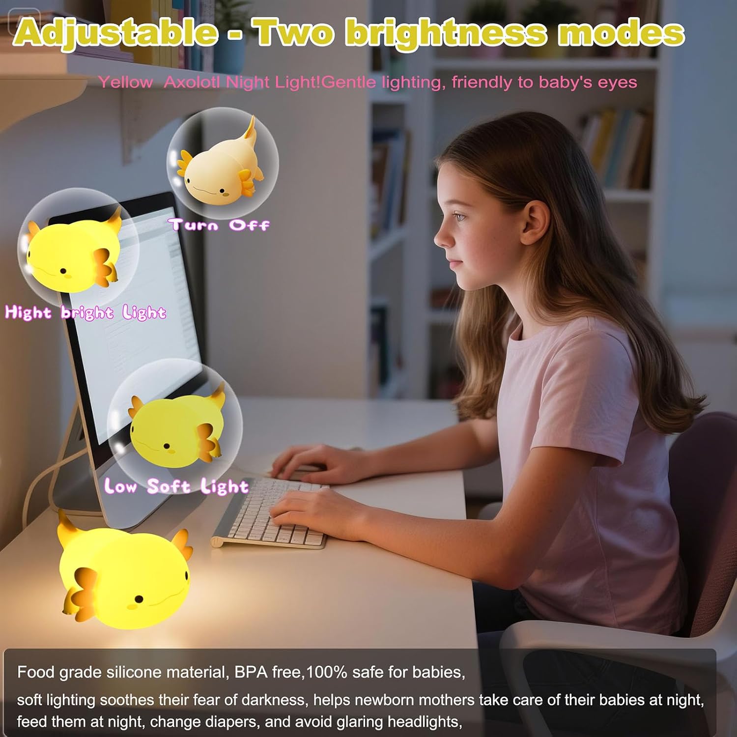 Axolotl Night Light,Cute Axolotl lamp Gifts for Kids,Dimmable Silicone ...