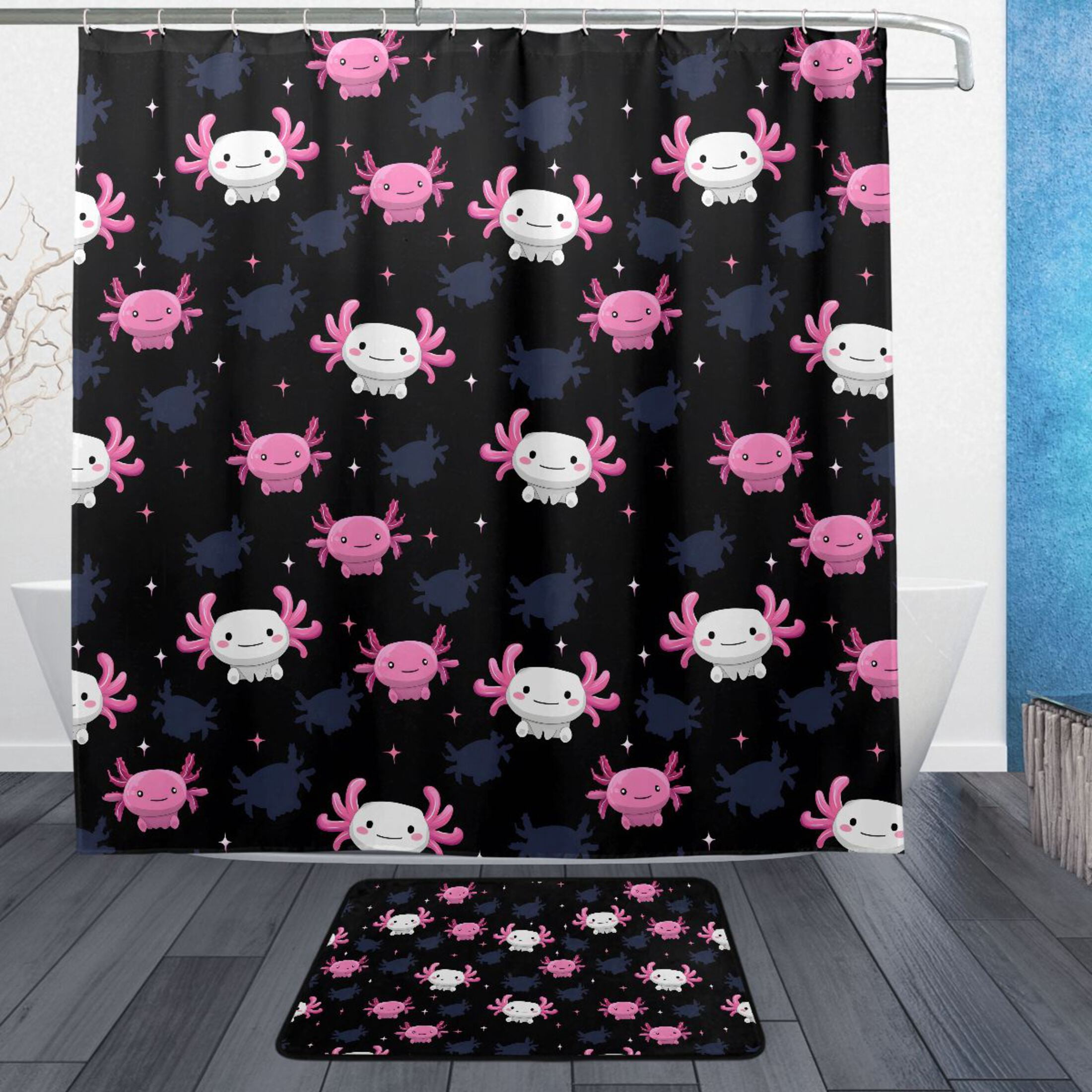 Axolotl Pink Pattern Bathroom Accessory Sets Waterproof Shower Curtain ...