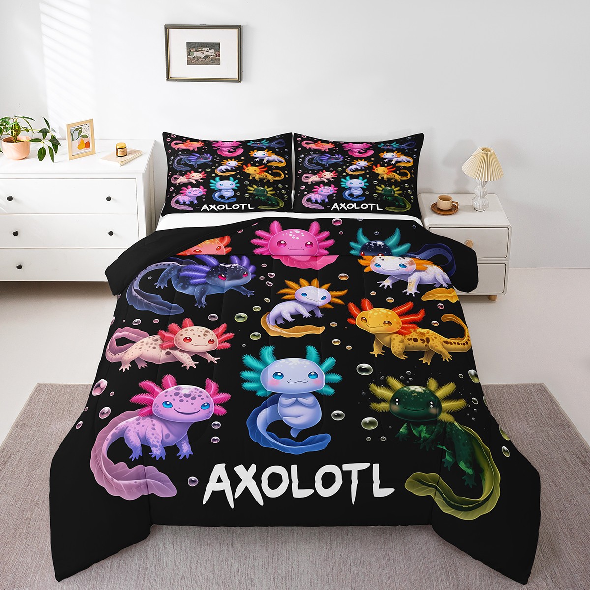 Axolotl Queen Comforter Set Cartoon Wildlife Bedding Set,Bubble Ocean ...