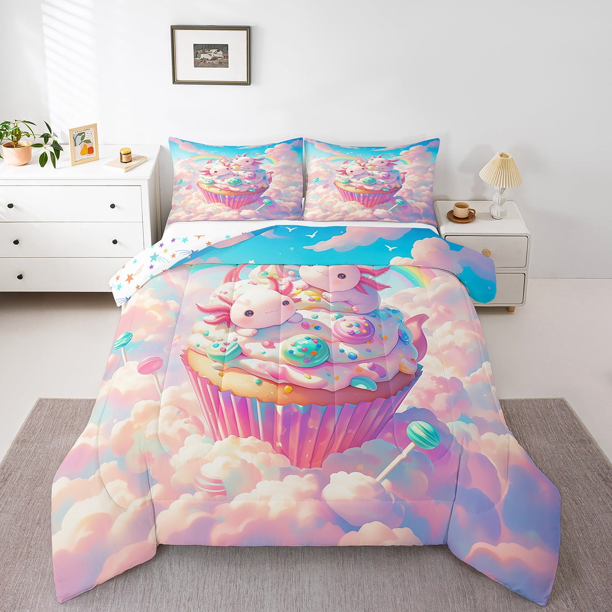 Axolotl Queen Comforter Set Kawaii Candy Bedding Set,Pink Cake Dessert Theme Down Comforter Home ...