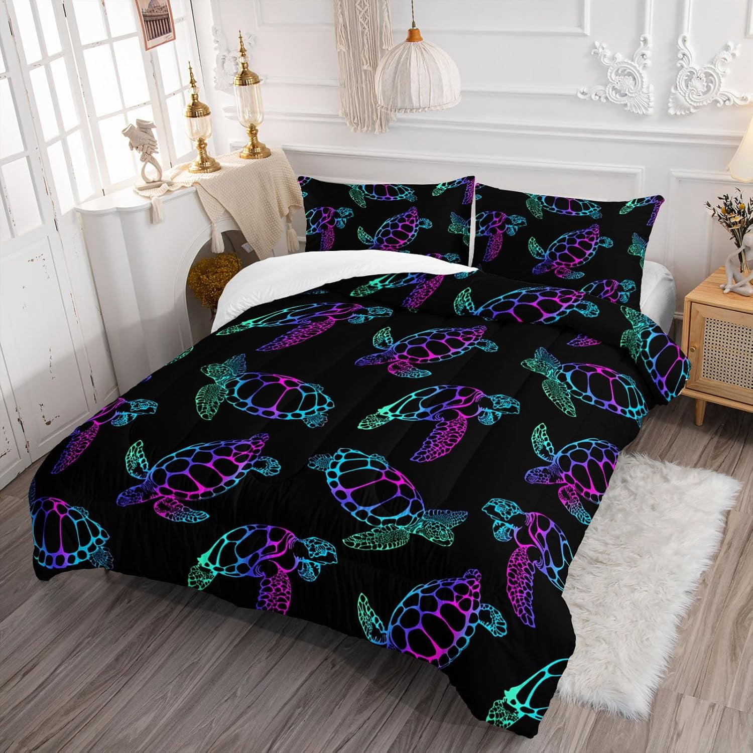 Axolotl Sea Turtle Bedding Set Queen,Coastal Beach Themed Comforter Set ...