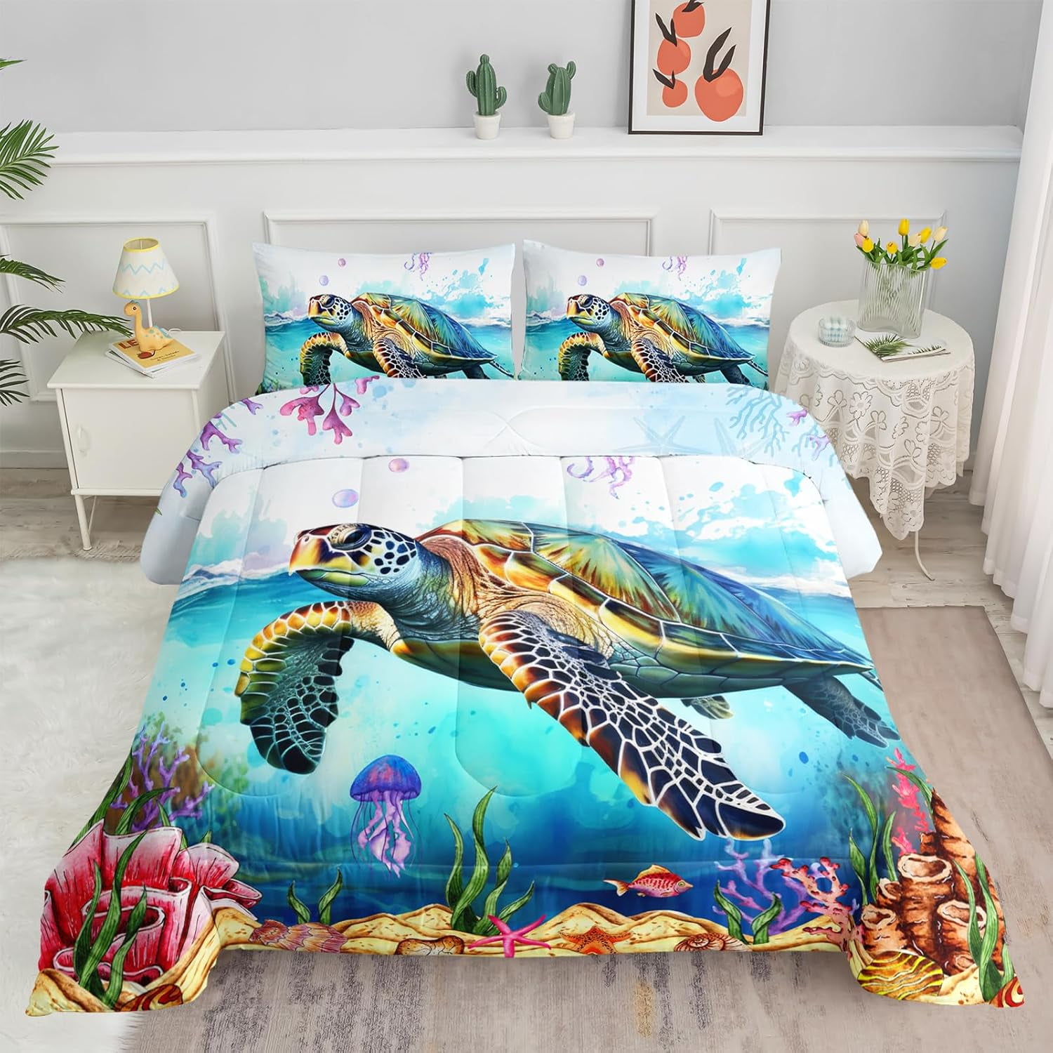 Axolotl Sea Turtle Comforter Set Queen,Coastal Beach Themed Comforter ...