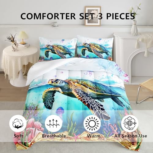 Axolotl Sea Turtle Comforter Set Queen,Coastal Beach Themed Comforter ...